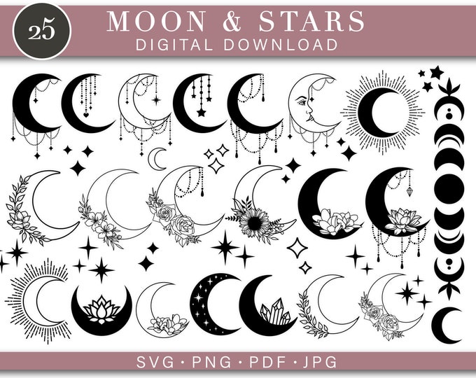 Moon SVG Bundle Floral Moon Svg Moon and Stars SVG Crescent - Etsy