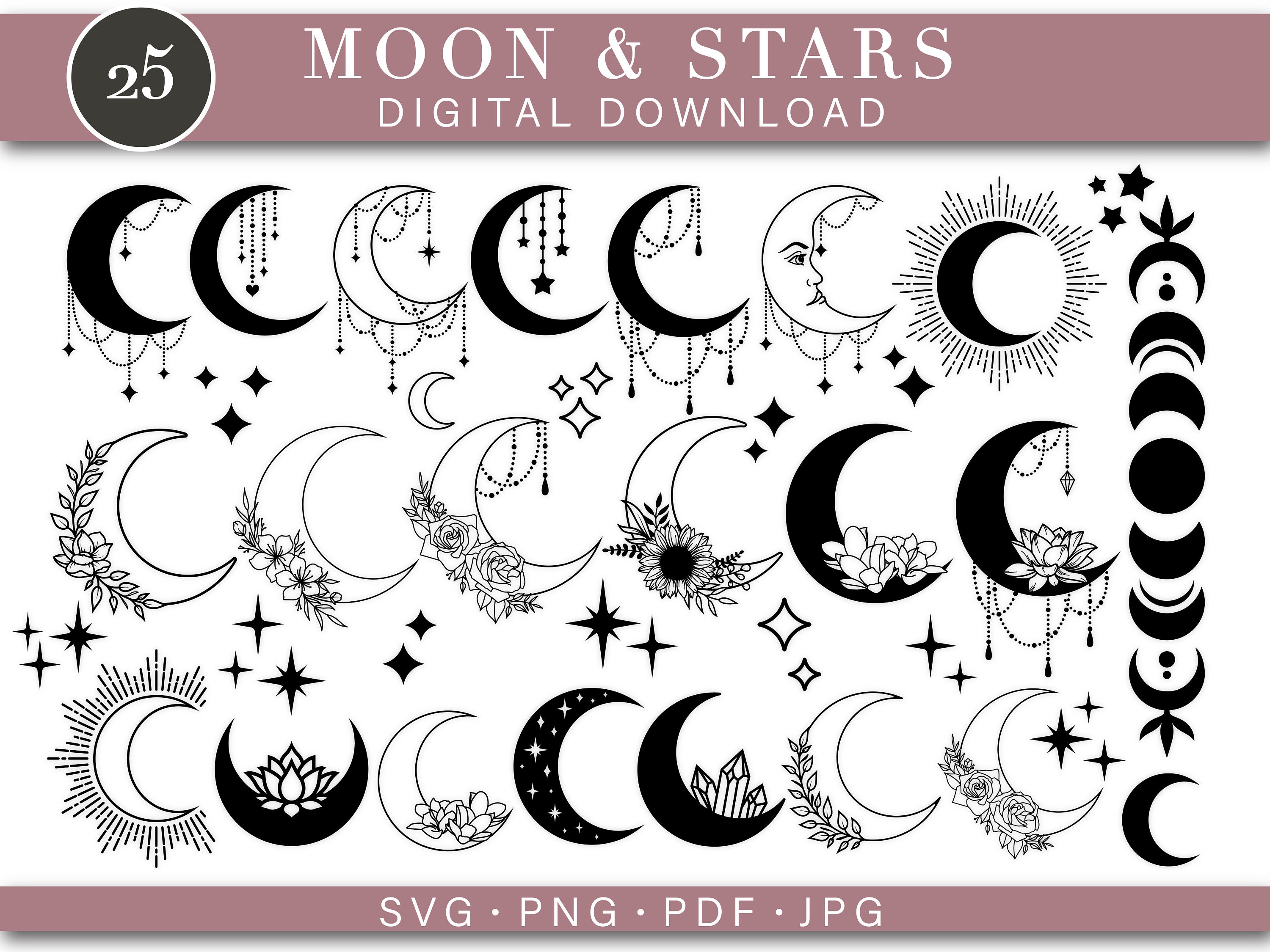 Moon SVG Bundle Floral Moon Svg Moon and Stars SVG Crescent - Etsy