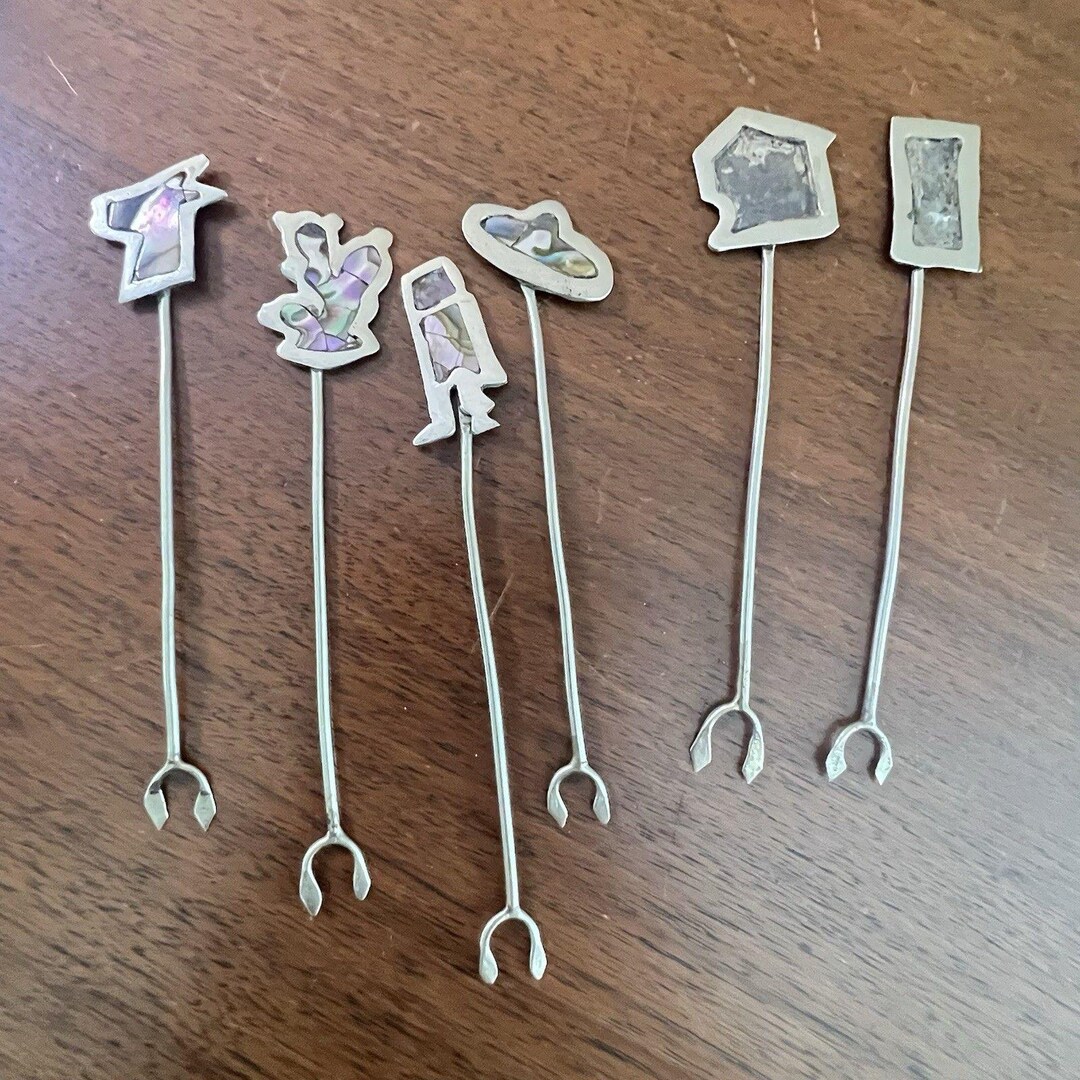 Vintage Silver Abalone Inlay Cocktail Pick Forks Set of 6 Mexican ...