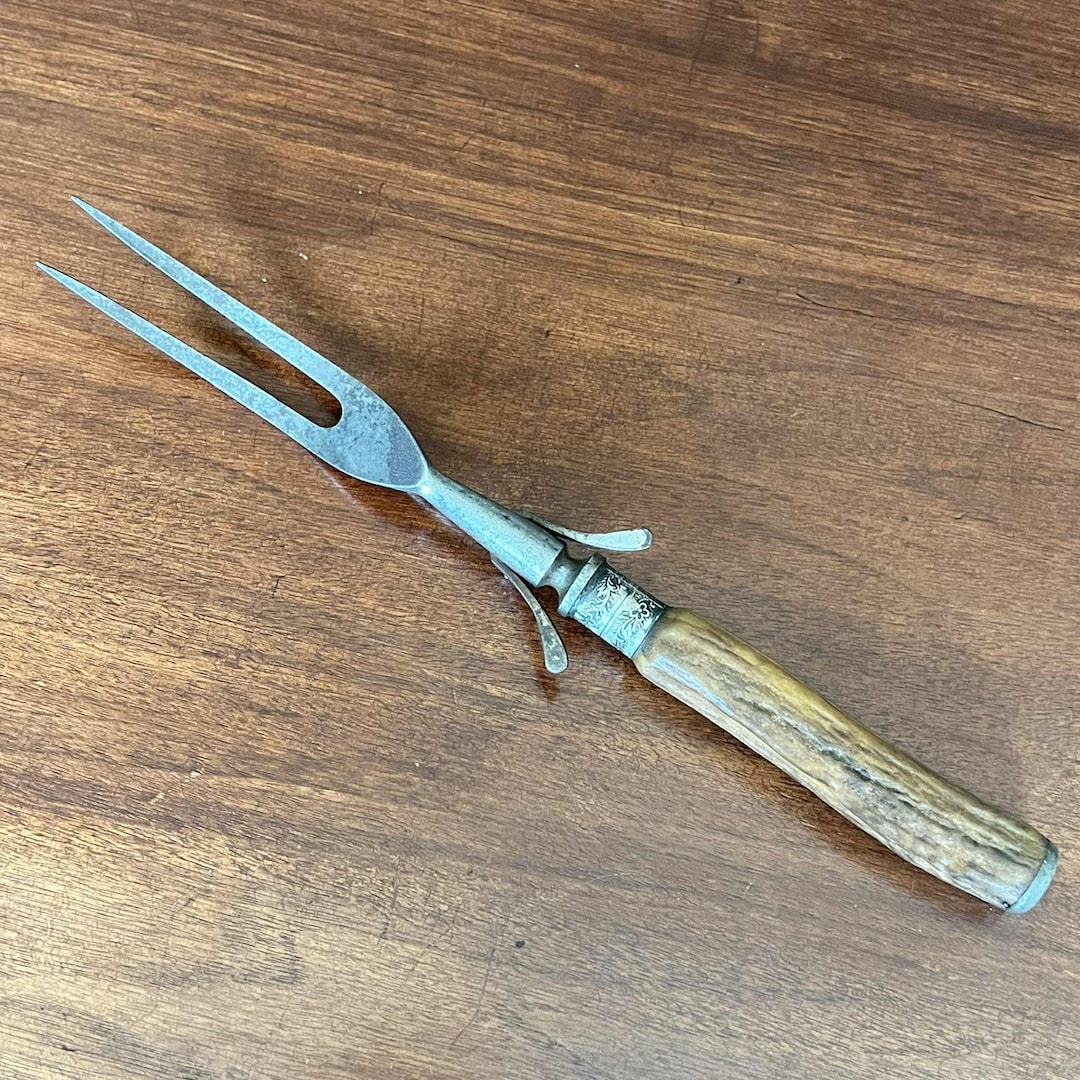 Antique 1880s Meat Carving Fork With Stag Antler Handle Floral Silver ...