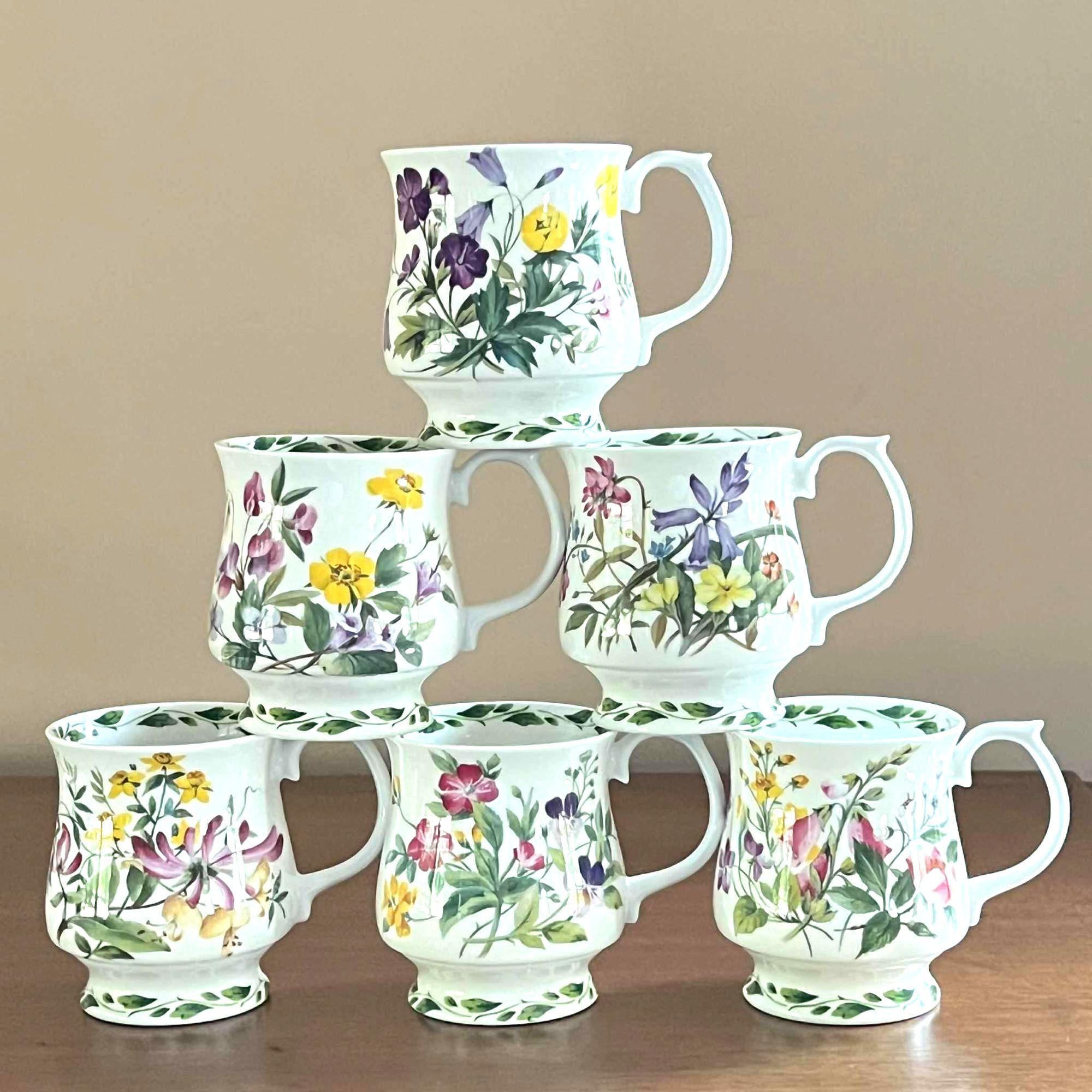 Queens RHS Garden Collection Floral Mug Set of 6 England Bone China E5 ...