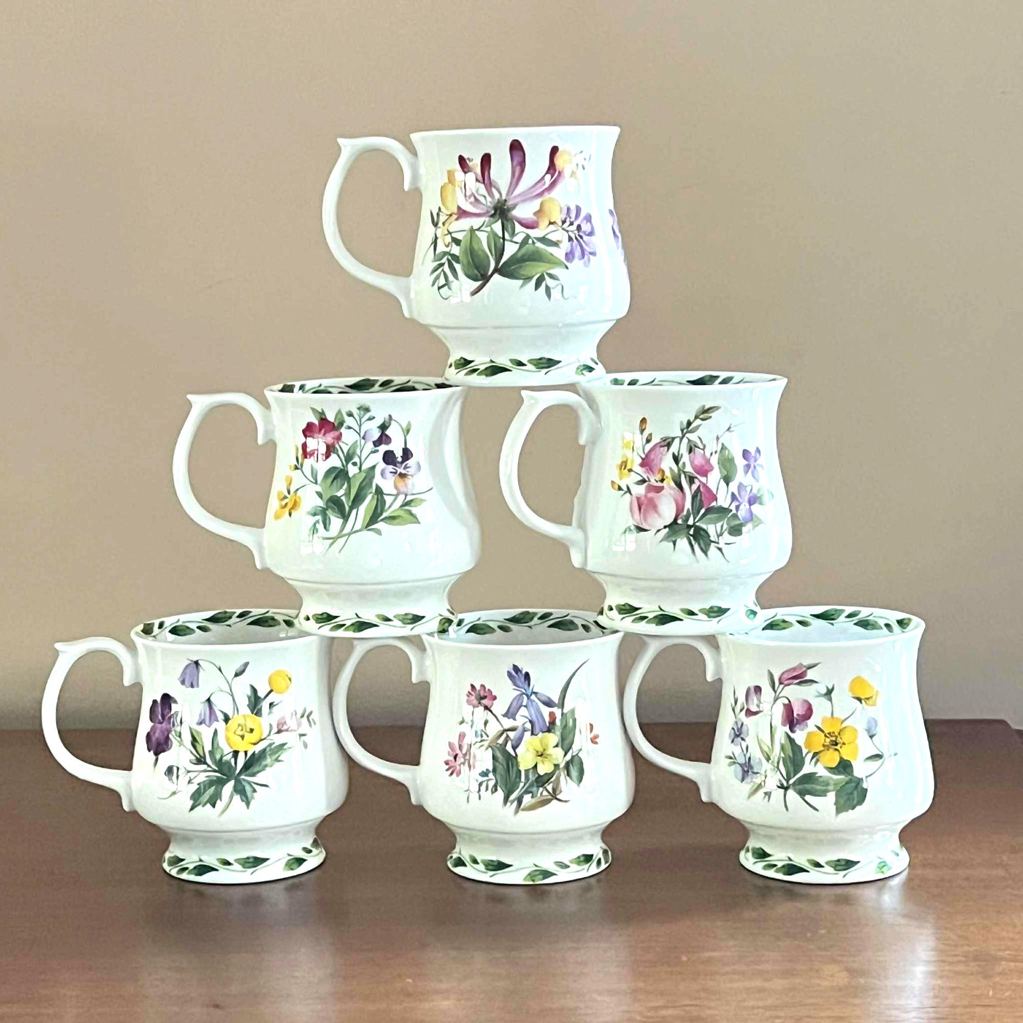 Queens RHS Garden Collection Floral Mug Set of 6 England Bone China E5 ...