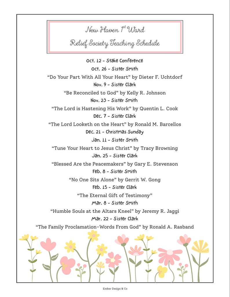 Editable Relief Society Lesson Schedule • Canva Template (digital ...