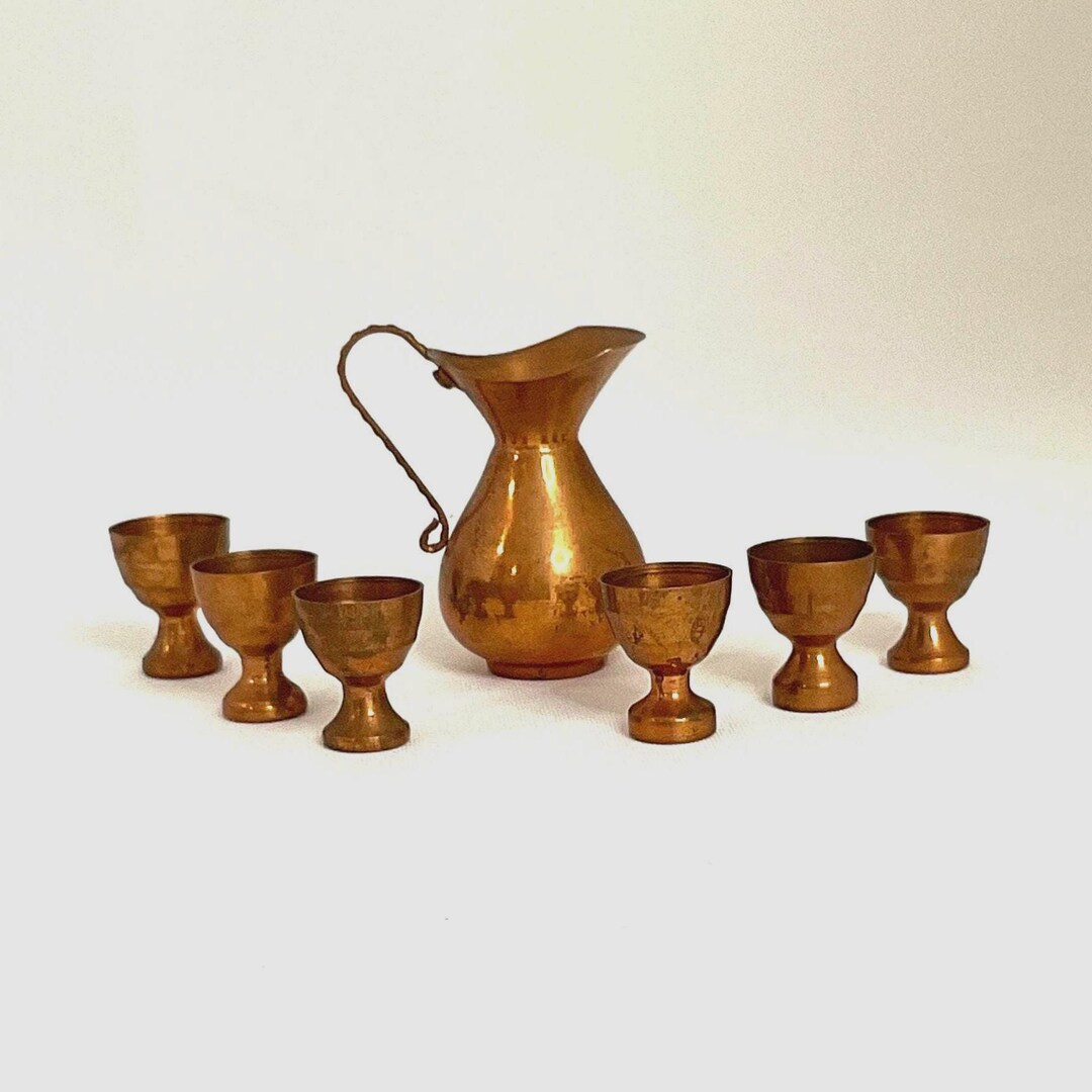 Vintage Copper Miniature Pitcher and Six 6 Goblets Chalice Cups for ...