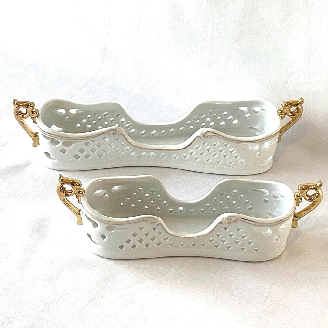 Vintage Porcelain Buffet Flatware Holders, White Lattice With Gold Trim ...