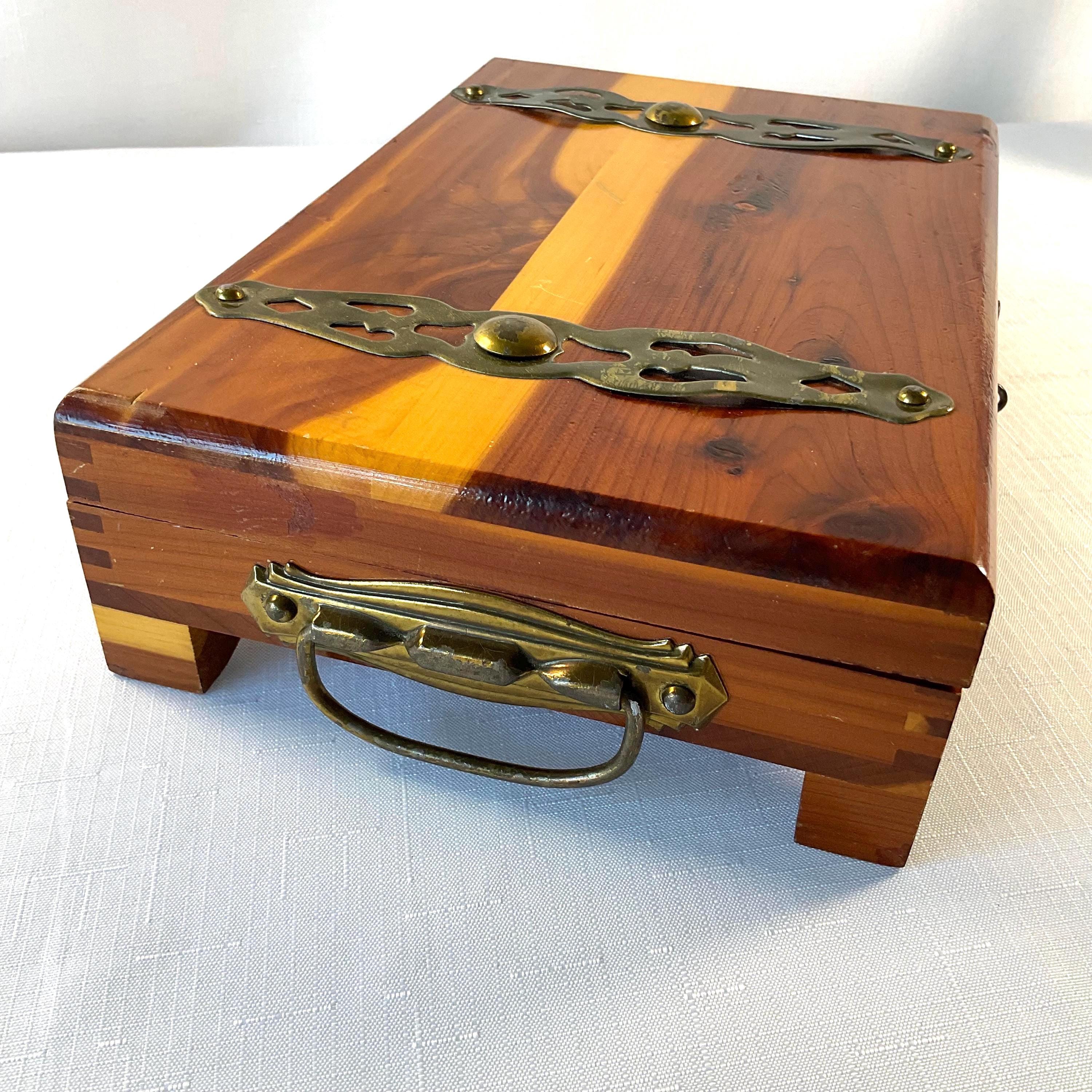 Vintage Footed Wood Treasure Box: Brass Ornate Straps, Handles, Latch ...