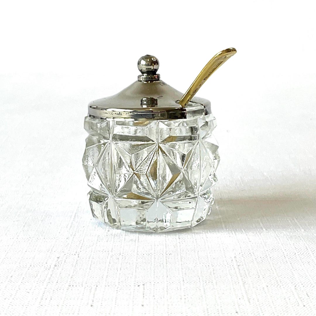 Vintage Unique Crystal Lidded Single Size Sugar Salt Server With Spoon ...