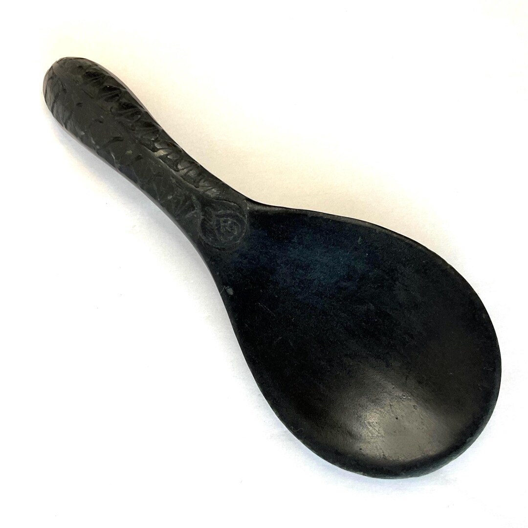 Vintage Hand Carved Black Stone Spoon Rest: Floral Handle, Asian Rice ...