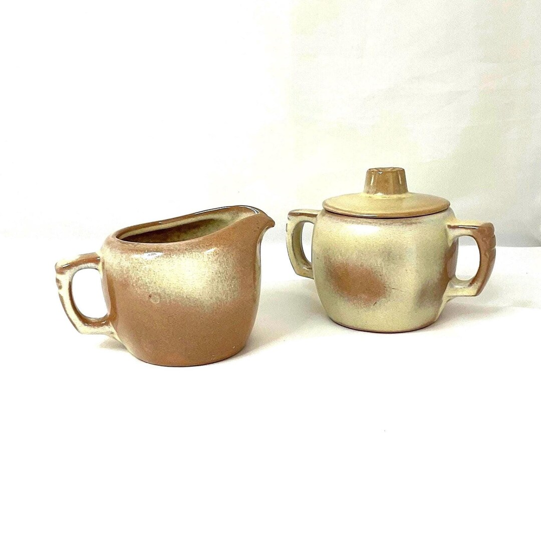 Vintage Frankoma Ceramic Glazed Creamer and Lidded Sugar Set in a Sandy ...
