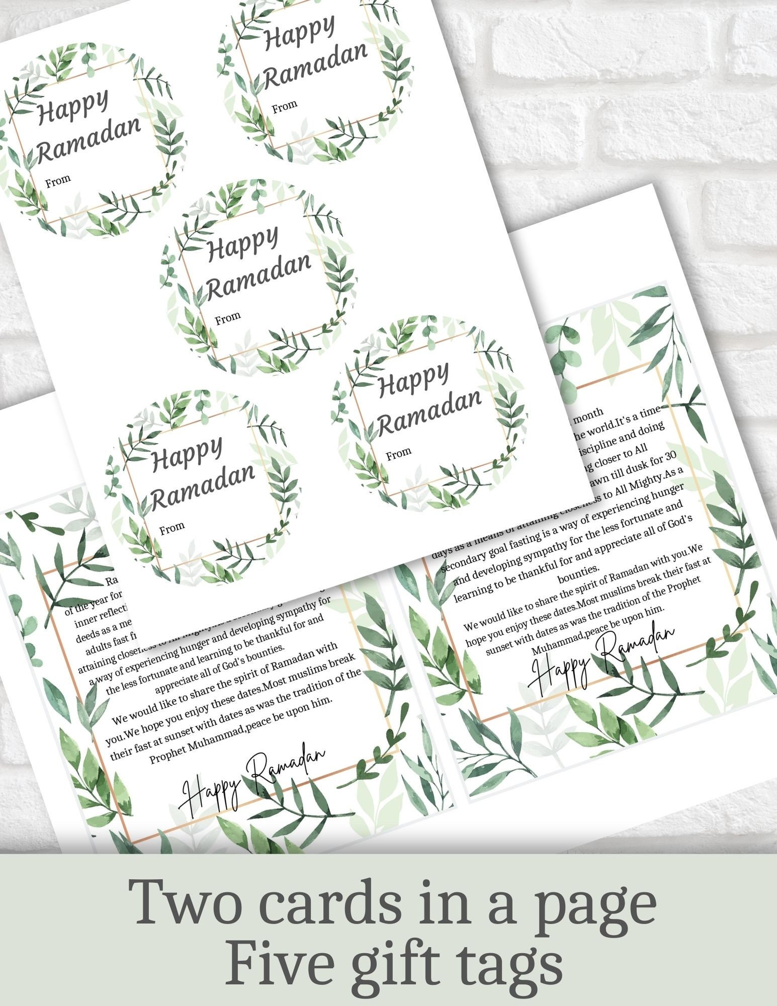 Happy Ramadan Printable Greeting Card and Gift Tag Bundle in Leaf ...