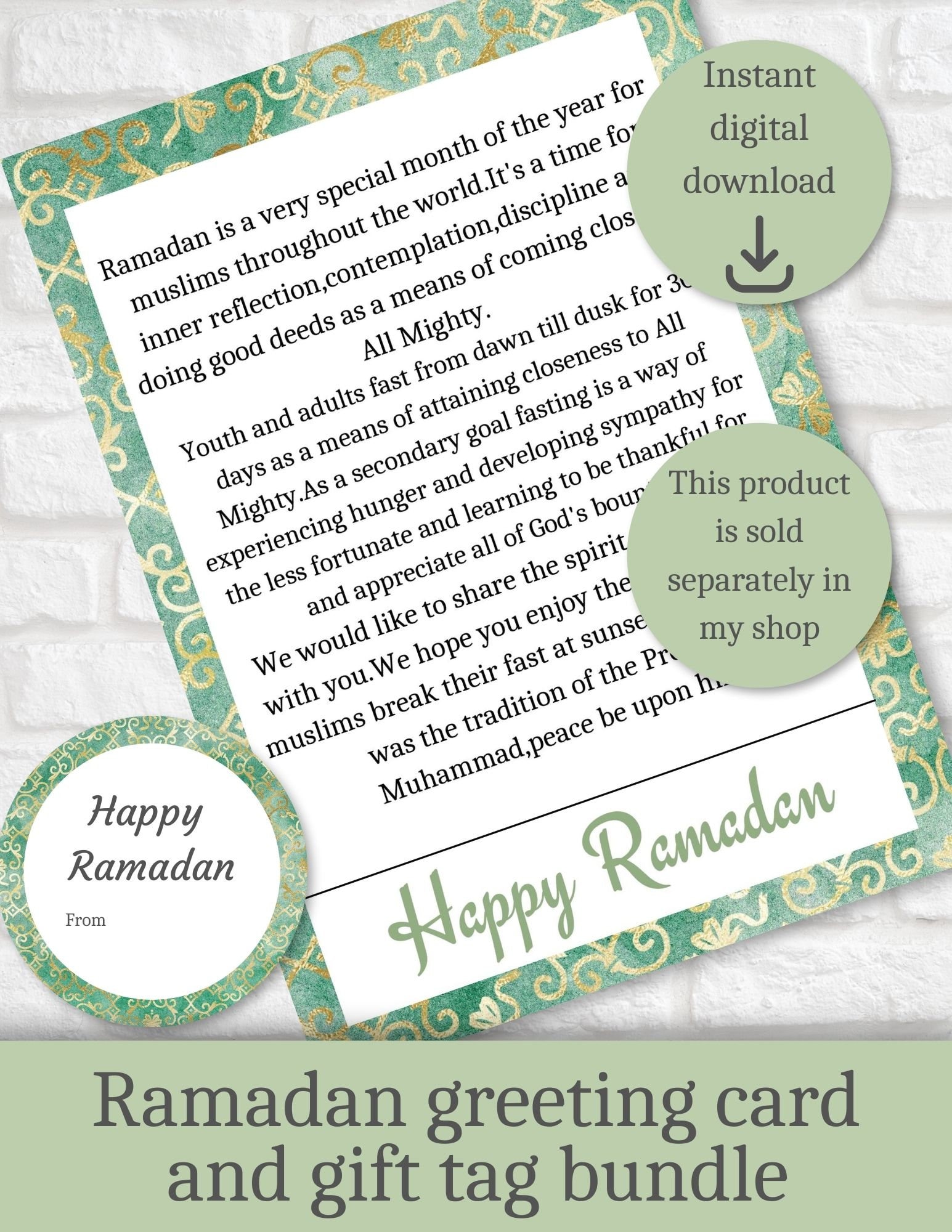 Happy Ramadan Printable Greeting Card and Gift Tag Bundle in Leaf ...