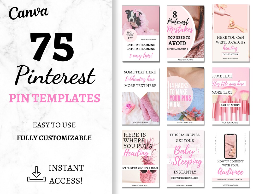 75 Pinterest Templates Canva, Pink Pinterest Templates, Fully ...