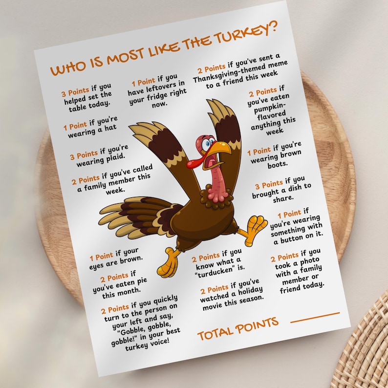 Printable Thanksgiving Game, Who is Most Like the Turkey, Dinner Table ...