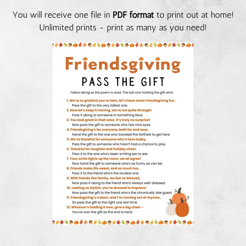 Friendsgiving Pass the Gift Game: Printable Thanksgiving Activity ...