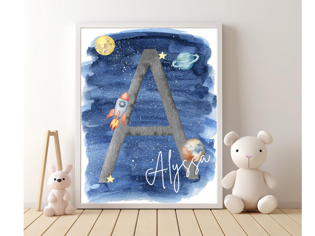 Space Themed Initial With Child's Name Wall Art, Personalized Kids Room ...