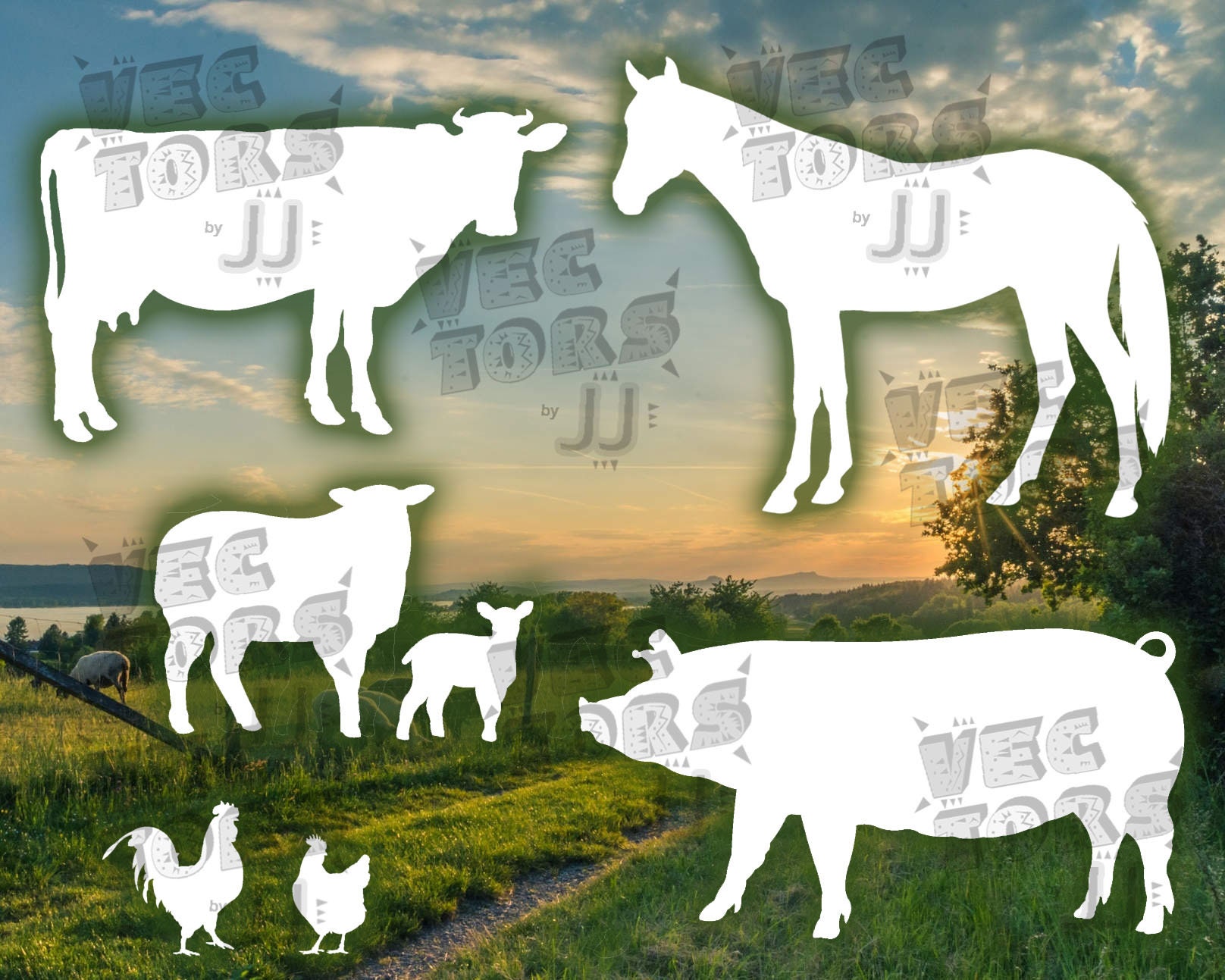 7 X Farm Animal Vector Files Cow, Chicken, Rooster, Pig, Cow, Sheep ...