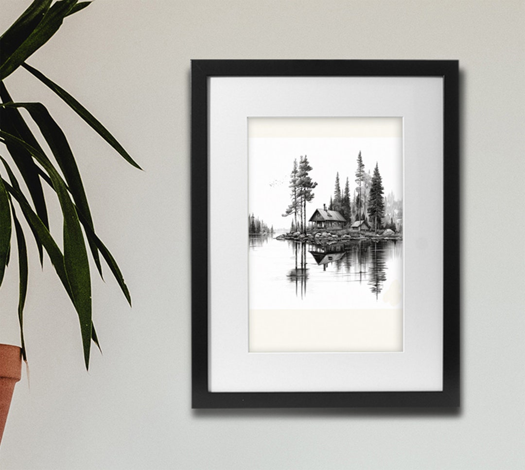 PRINTABLE Sketch of Boreal Forest Lake and Cottage, Hunting Camp, Wall ...