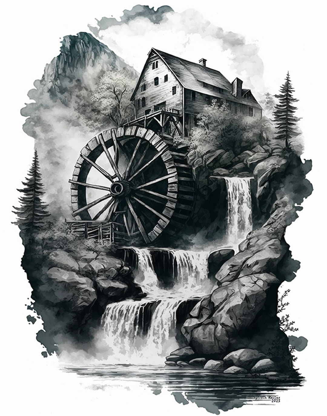 PRINTABLE Waterwheel Sketch Art - Etsy