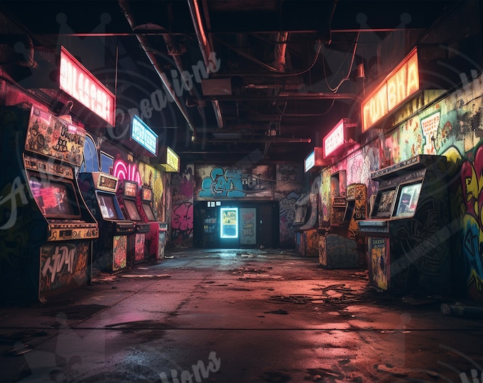 Printable-vintage Neon Arcade 7, Man Cave Art Decor, Vibrant Color ...