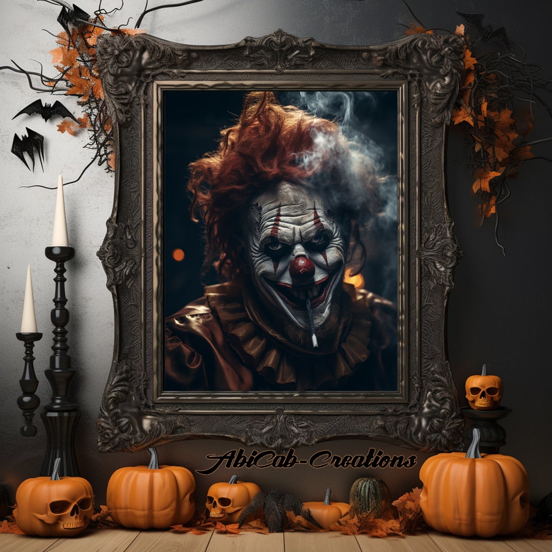 PRINTABLE ART: Scary Psychopath Clown Smoking Lit up Cigar in the Dark ...
