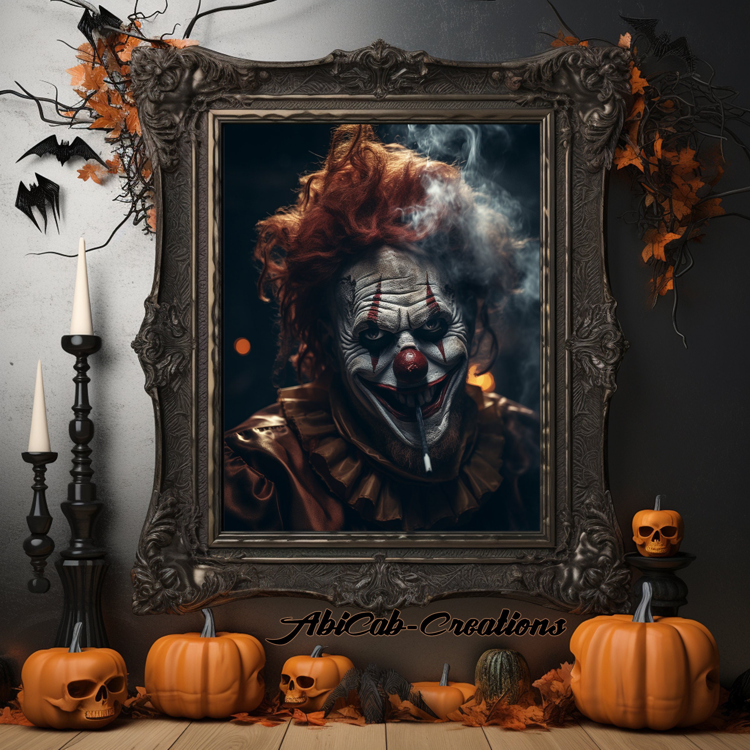 PRINTABLE ART: Scary Psychopath Clown Smoking Lit up Cigar in the Dark ...