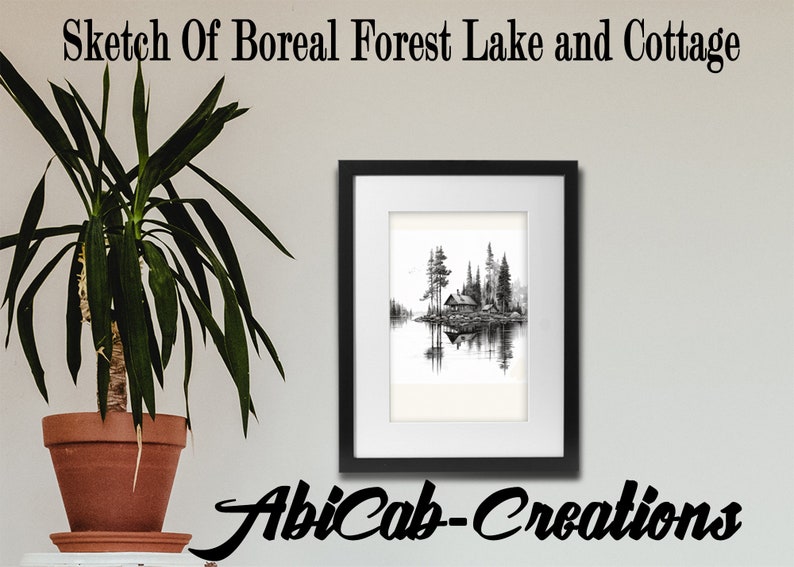 PRINTABLE Sketch of Boreal Forest Lake and Cottage, Hunting Camp, Wall ...