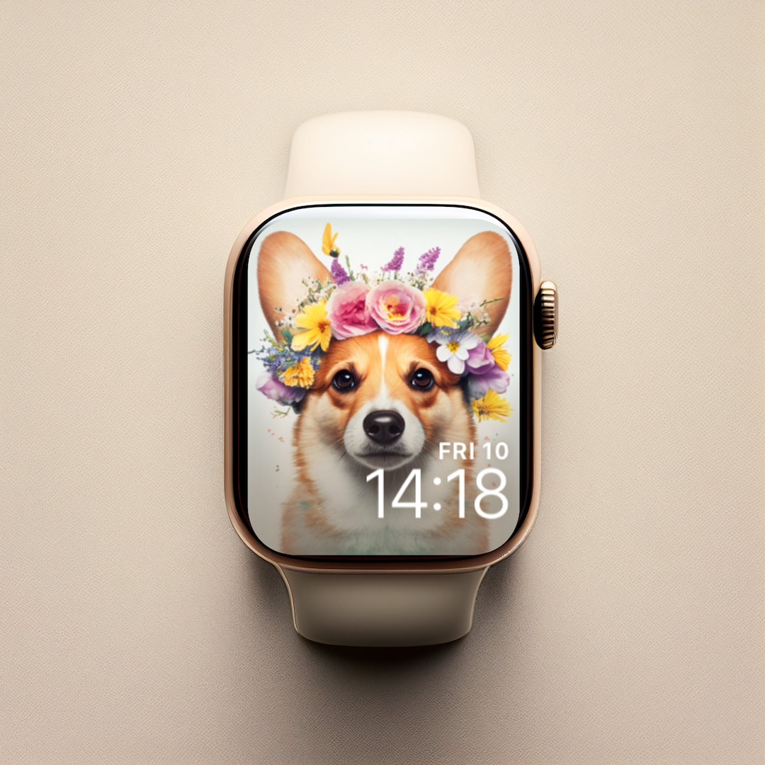 Flowers and Dog Apple Watch Face, Apple Watch Face Corgi, Watercolor ...