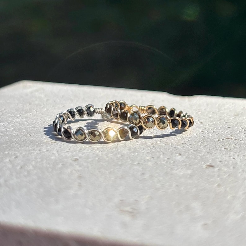 The Protection Ring- Black Onyx and Pyrite, Dainty 2mm Faceted Wire ...