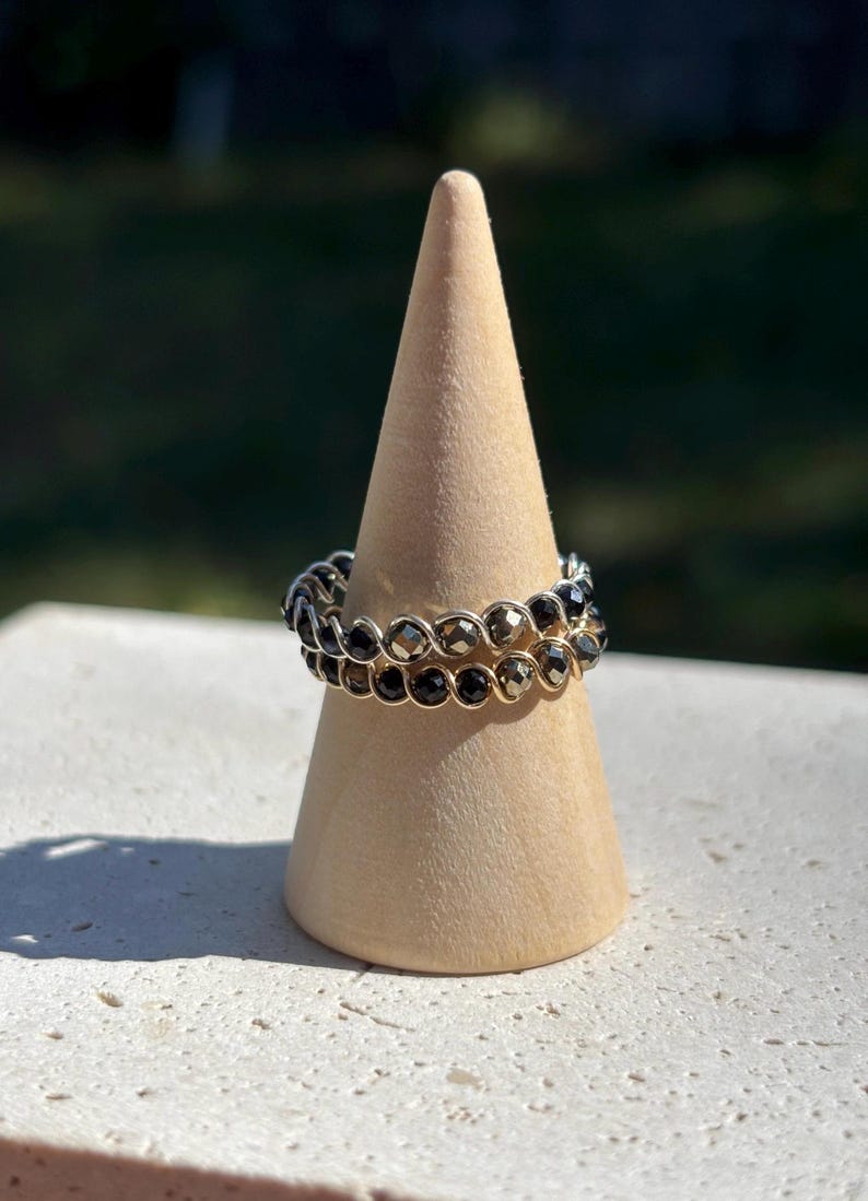 The Protection Ring- Black Onyx and Pyrite, Dainty 2mm Faceted Wire ...