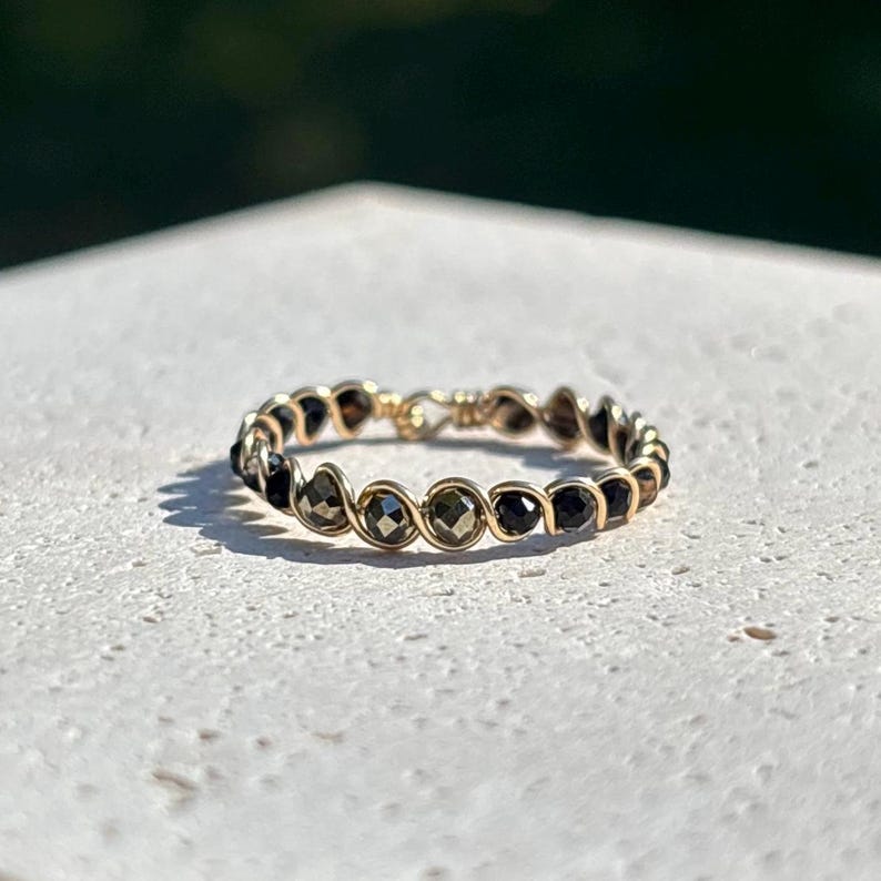 The Protection Ring- Black Onyx and Pyrite, Dainty 2mm Faceted Wire ...