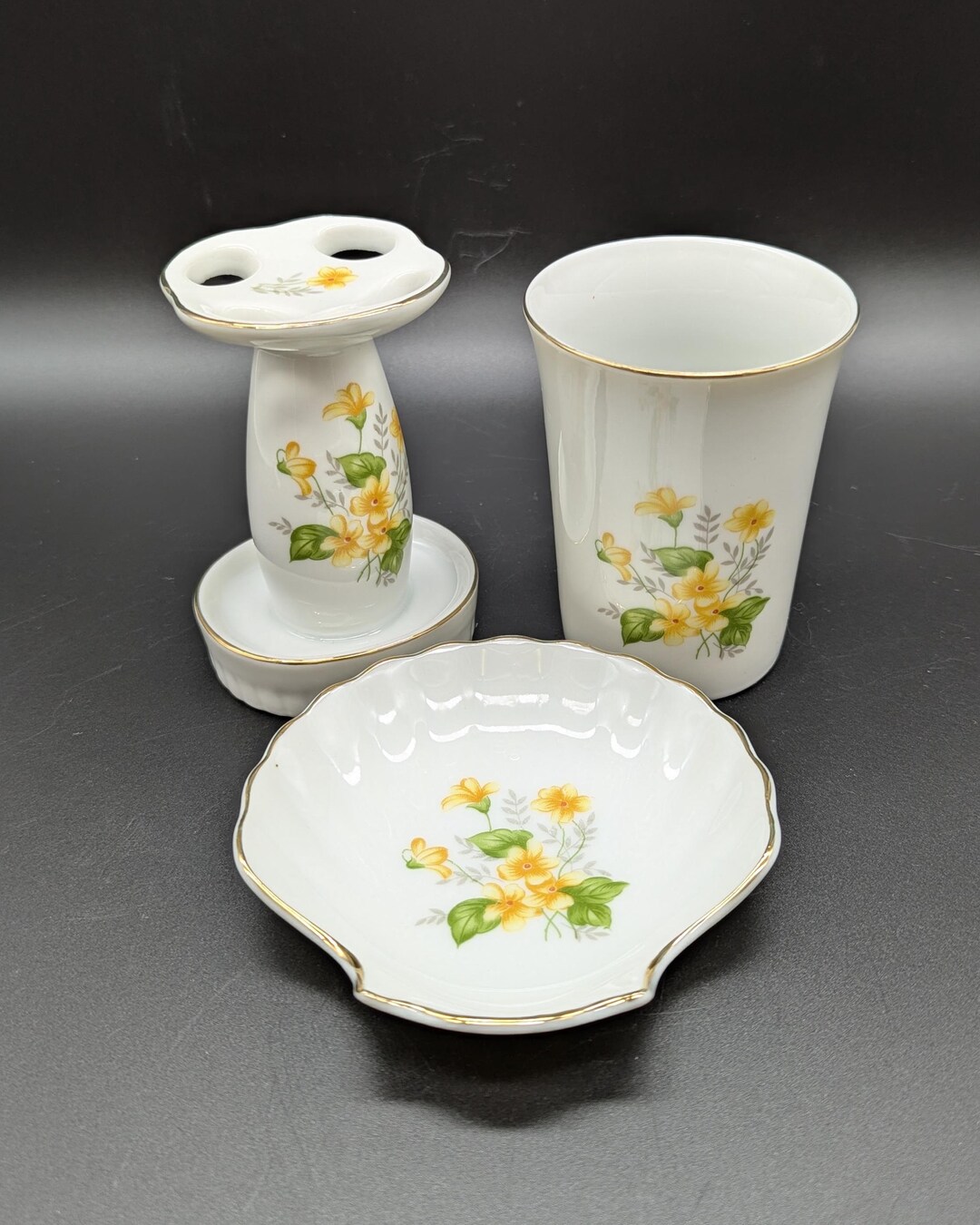 Vintage Japanese Ceramic Floral Bathroom Set, Retro Vanity Decor ...