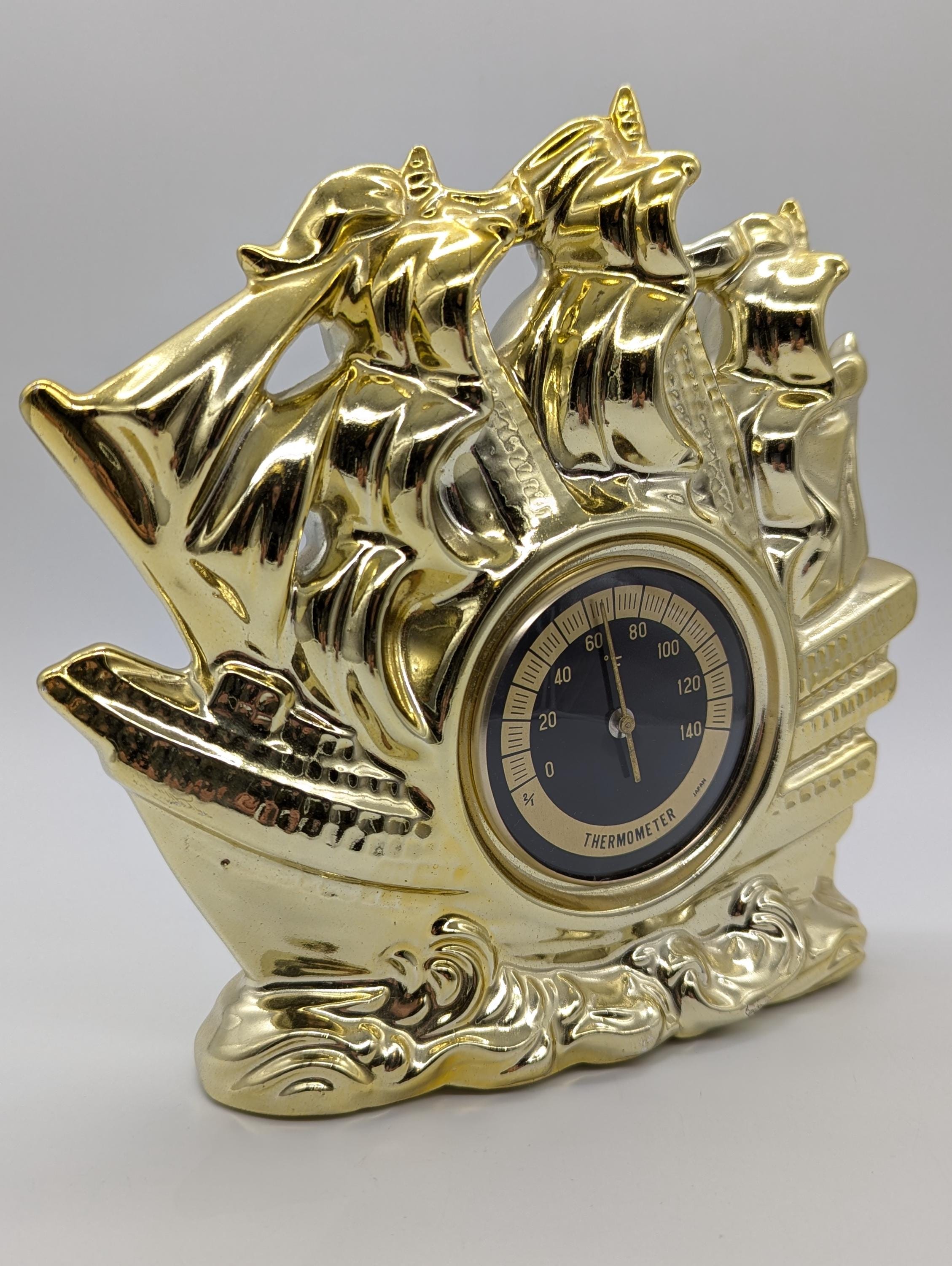 Vintage Ceramic Rigged Ship Thermometer With High-gloss Gold Finish ...
