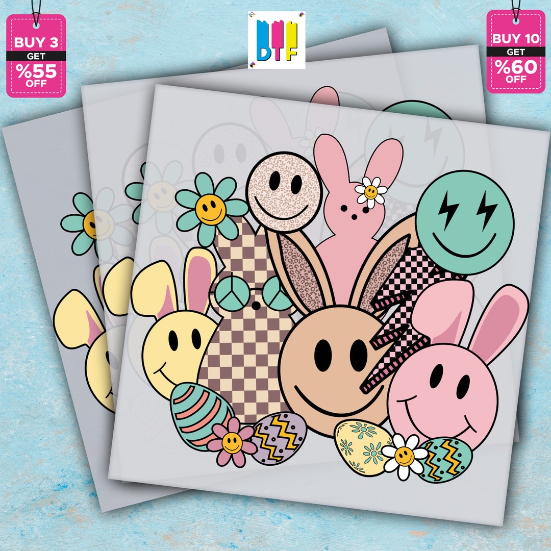 Easter With Lightnin Bolt, Ready to Press, Retro Easter DTF Transfers, Leopard Smiley Face DTF ...