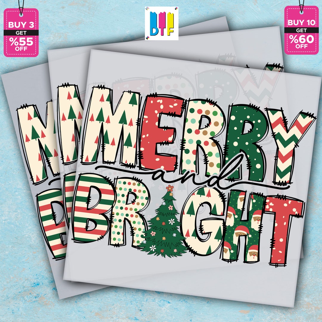 Merry and Bright, Ready to Press, Heat Transfer, Christmas Tree DTF ...