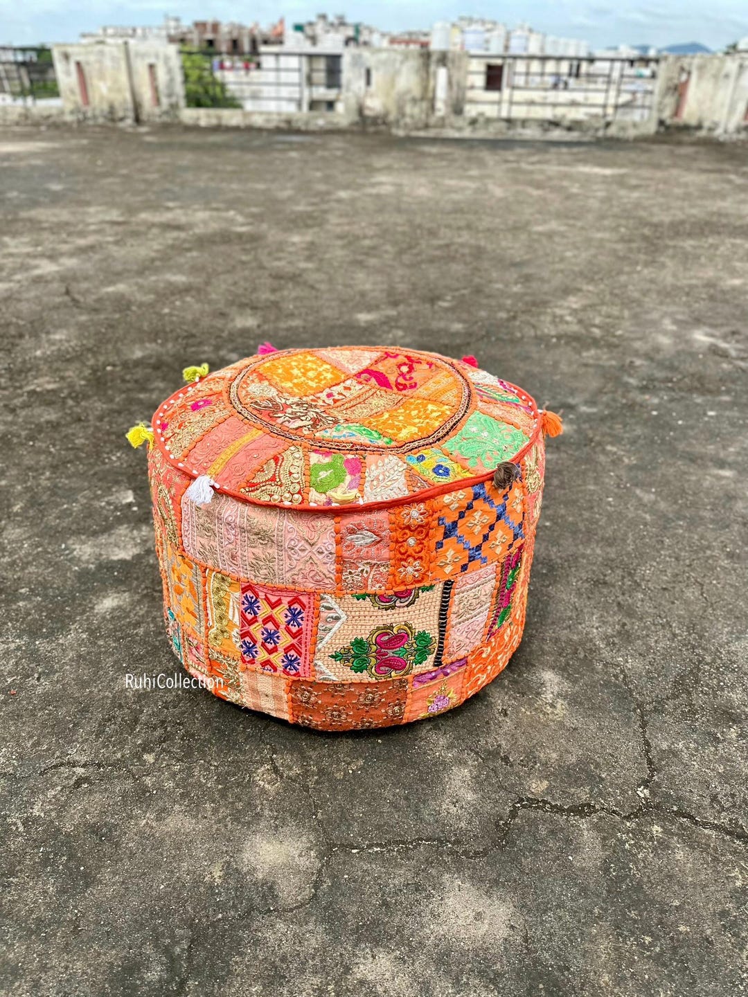 Bohemian Pouf Ottoman Pouffe Vintage Patchwork Indian Large Round ...