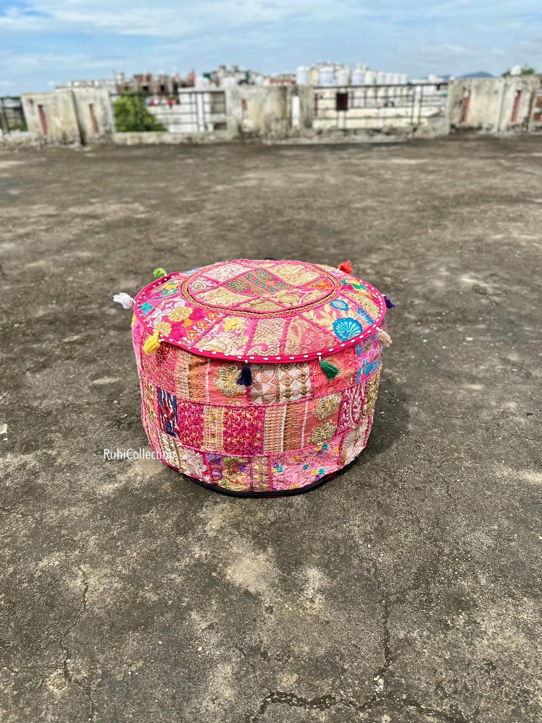 Bohemian Pouf Ottoman Pouffe Vintage Patchwork Indian Pouf Large Round ...