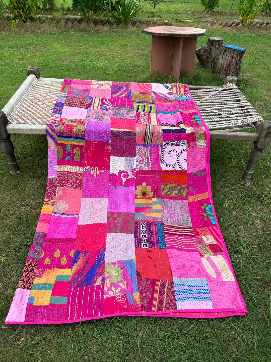 Patchwork Kantha Quilt Silk Sari Quilt Handmade Indian Quilt Unique ...