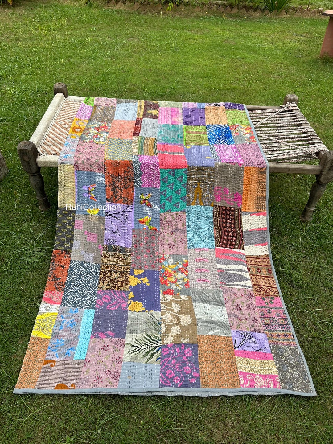 Vintage Handmade Patchwork Quilt Indian Boho Quilts Bedding Kantha ...