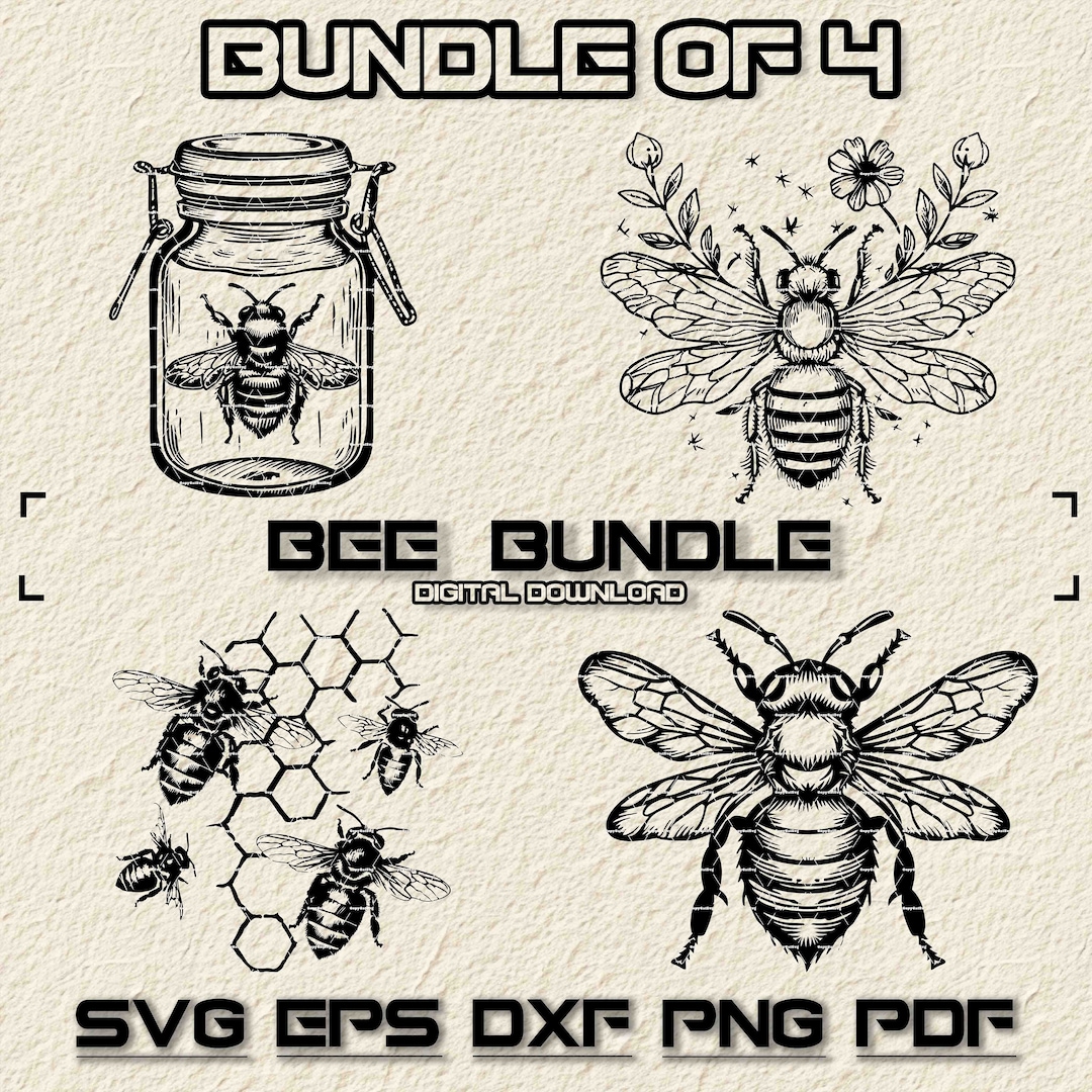 Bee SVG Bundle, PNG, Honey Bee Clipart, Hand Drawn Bees Themed Vector ...