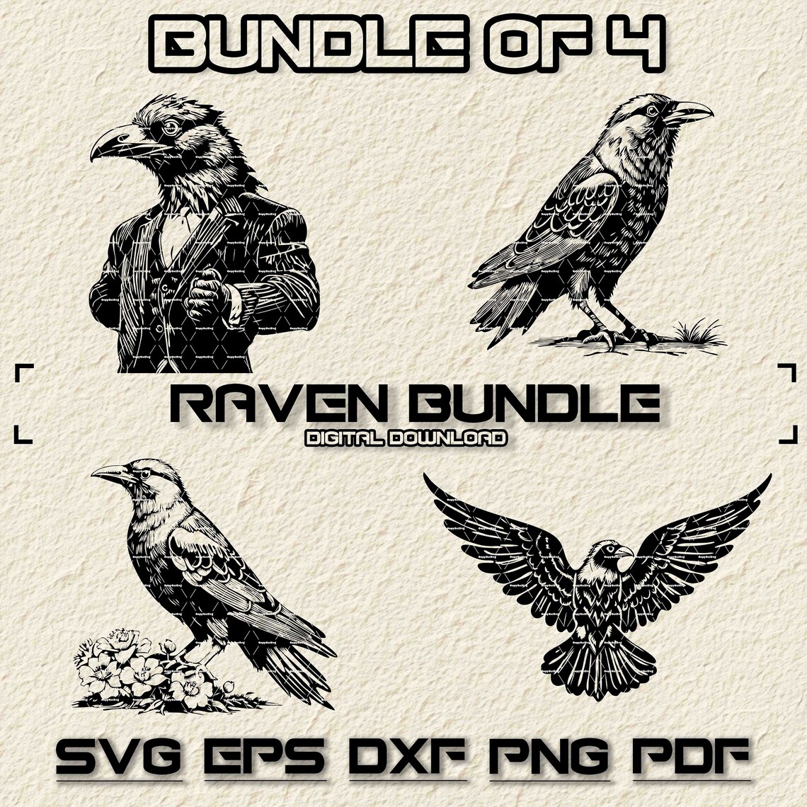 Raven SVG Bundle, PNG, Black Bird Clipart, Hand Drawn Crows Vector ...