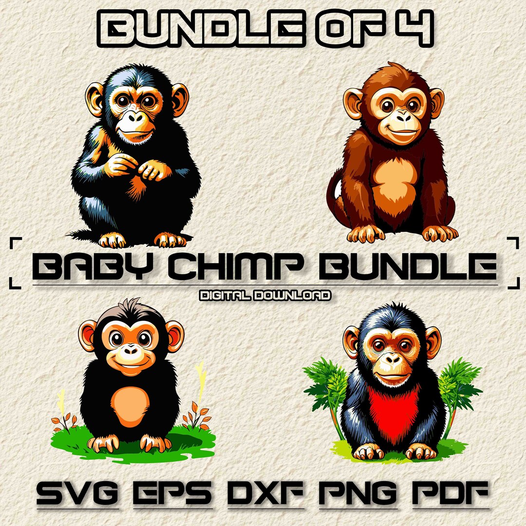 Baby Chimp SVG Bundle, PNG, Funny Monkey Clipart, Hand Drawn Cool ...