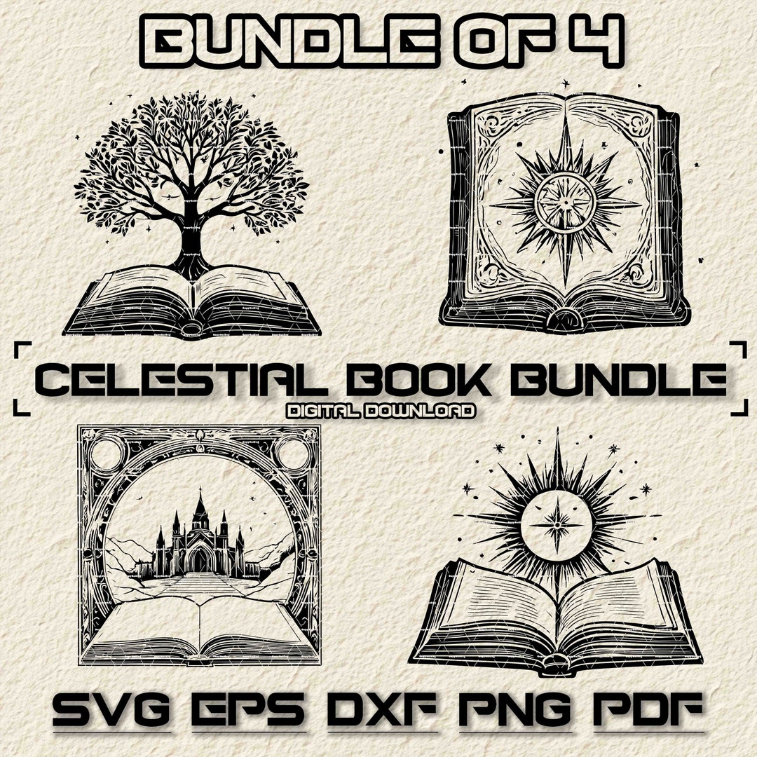 Celestial Book SVG Bundle, PNG, Fantasy Bookworm Clipart, Hand Drawn ...