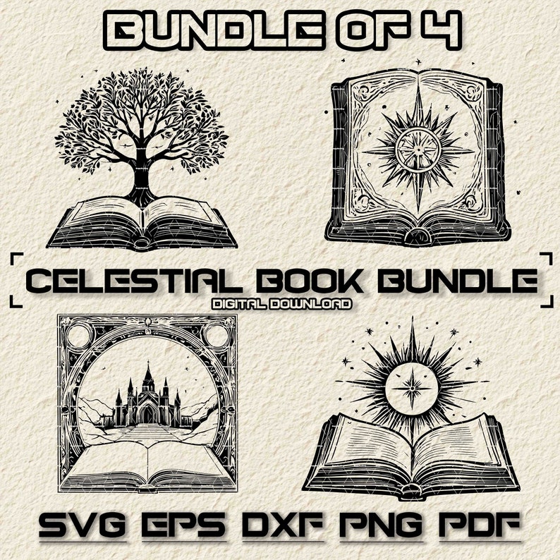 Celestial Book SVG Bundle, PNG, Fantasy Bookworm Clipart, Hand Drawn ...