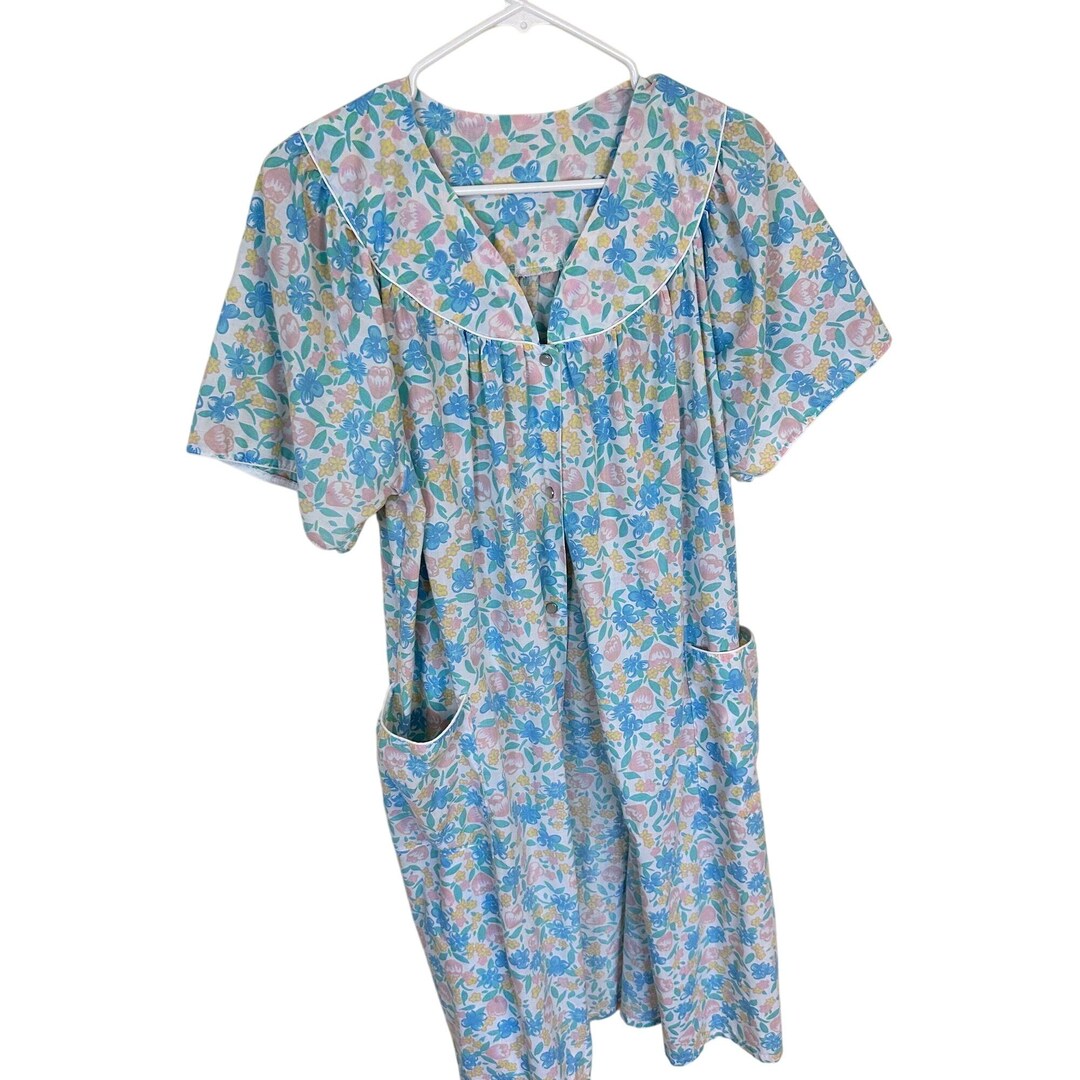 Vtg Mumu Floral Short Sleeve House Dress Womens Blue Cotton XL Full ...