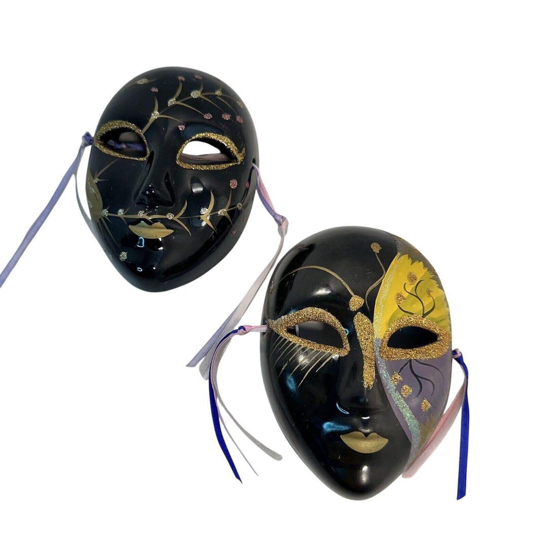 Vintage Porcelain Mardi Gras Mask Wall Art 4 Inch Black & Gold Lot of 2 ...