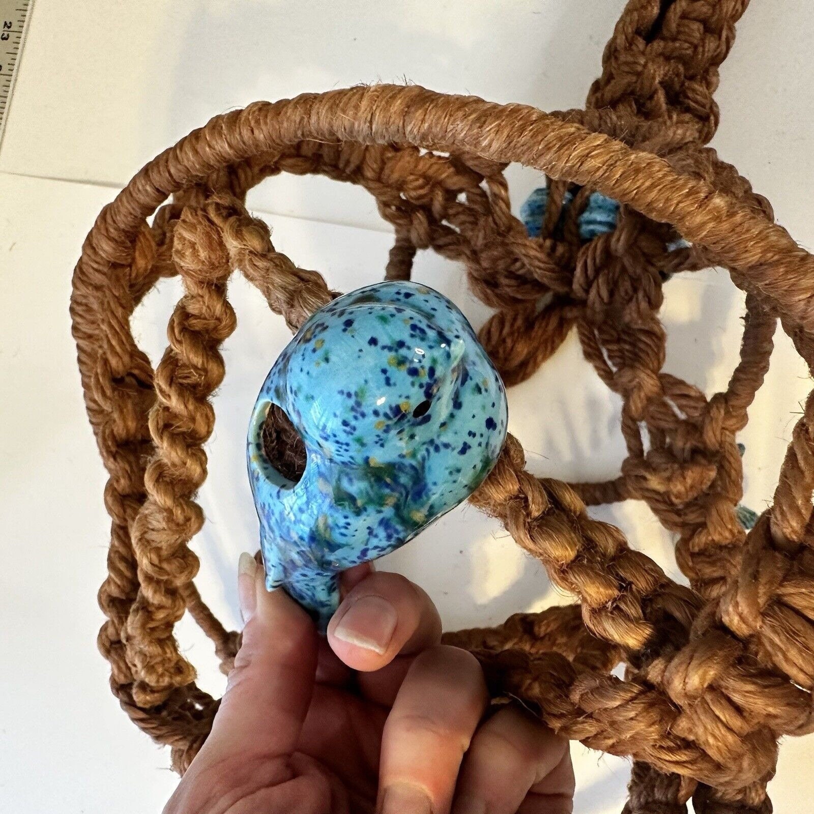Vintage Macrame Brown Hanging Plant Holder Blue Speckled Ceramic Bird ...