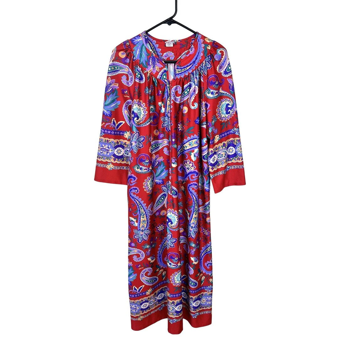 Vtg Red Paisley Mumu Maxi Dress Zip up Housedress Medium Pockets ...