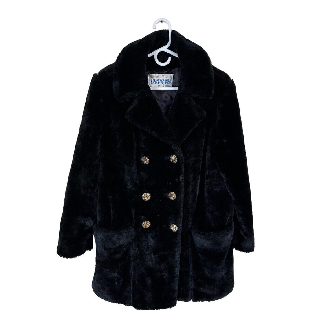 Vintage Womens Black Faux Fur Jacket Fleur De Lis Buttons Coat Satin ...