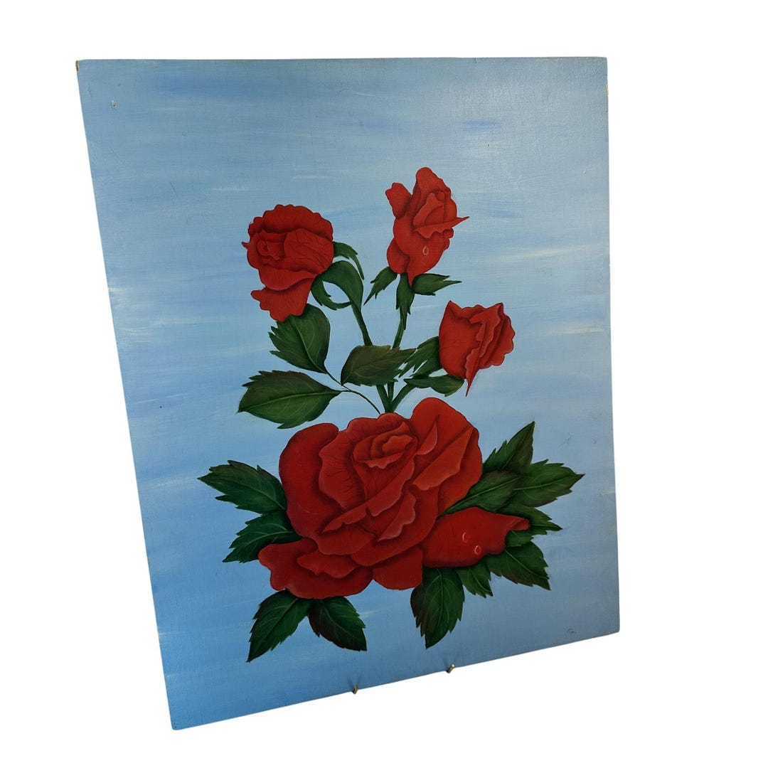 Vintage Red Rose Oil Painting on Wood Panel Signed RK Roses Colorful 16 ...
