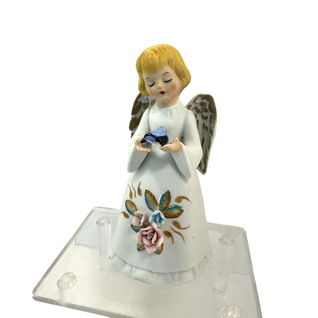 Vintage Porcelain Angel Bell Figurine Holding Bluebird Birds Rose ...
